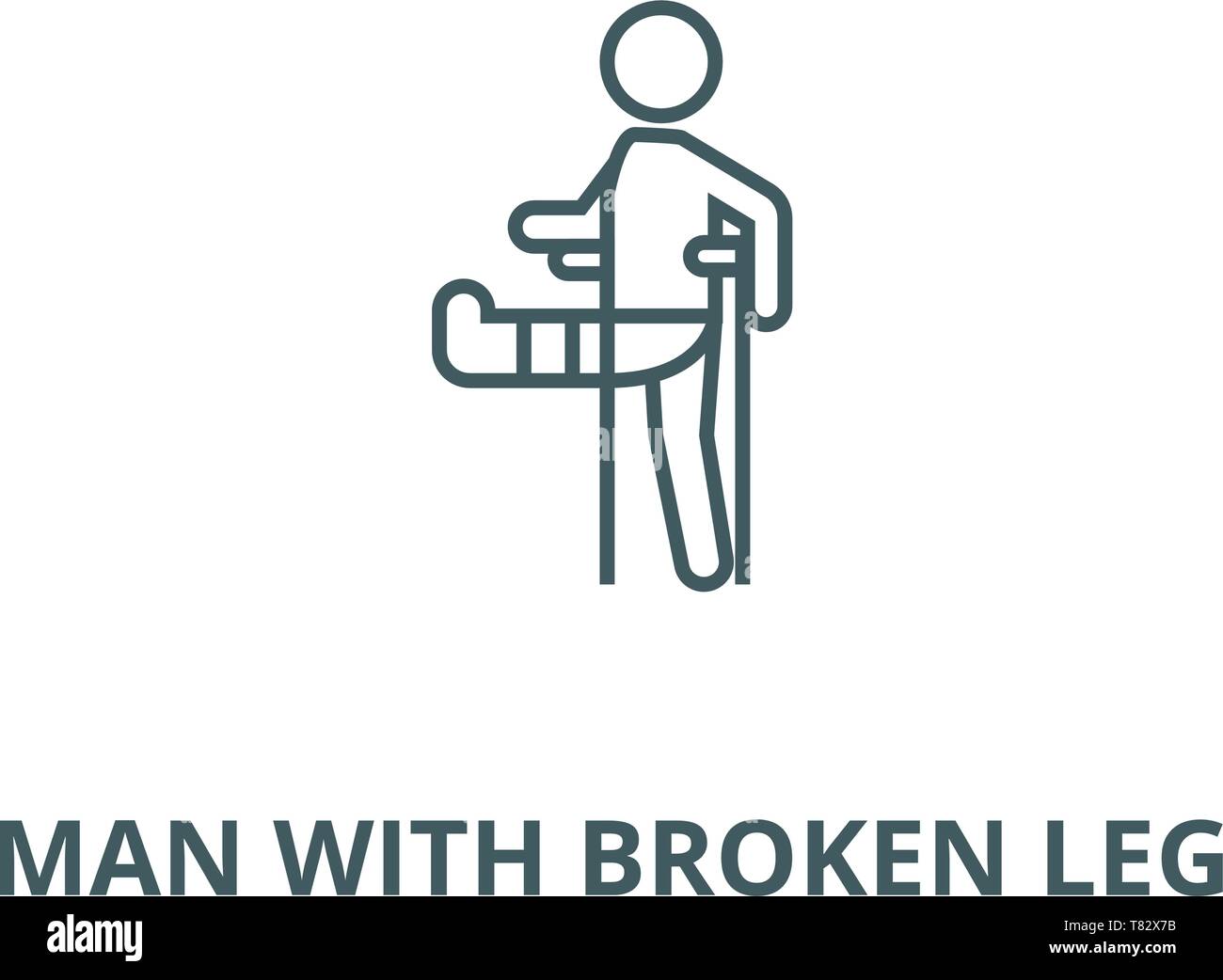 Man with broken leg,gypsum foot crutch vector line icon, linear concept ...