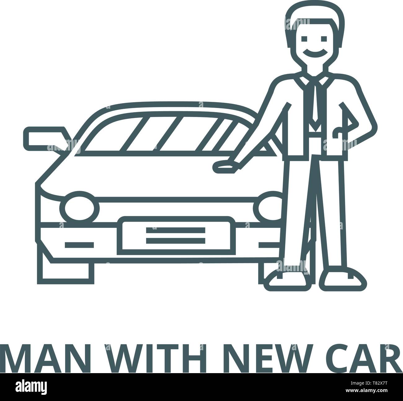 Man with new car,auto vector line icon, linear concept, outline sign ...