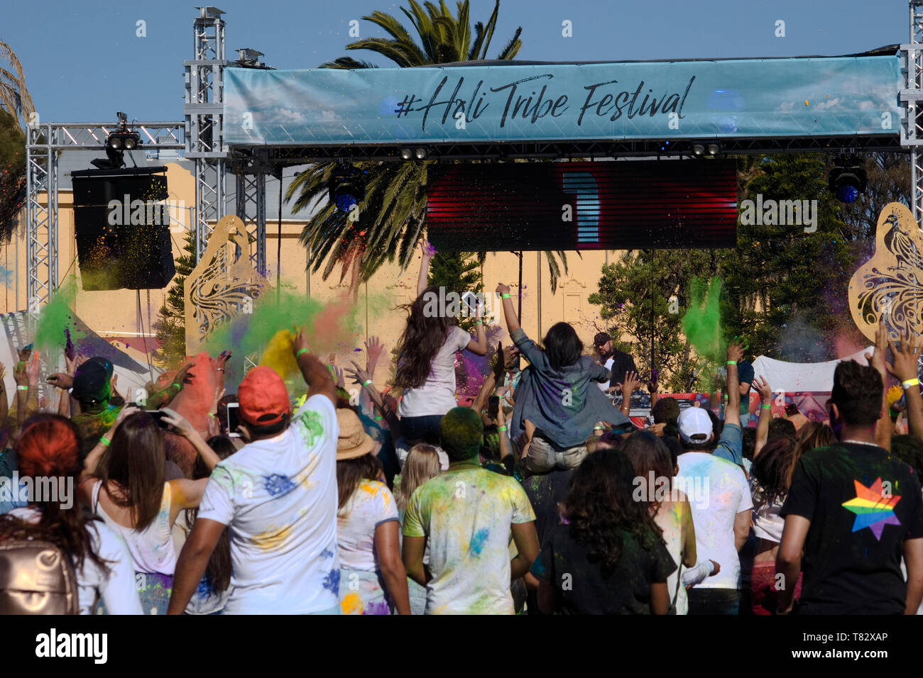 Holi festival of color in Melbourne, St. Kilda, throwing colours Stock ...