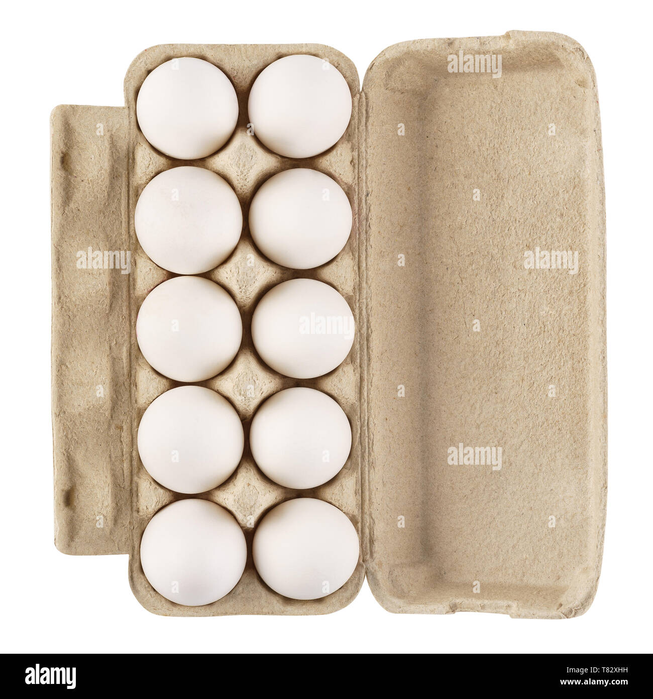 Cardboard egg box with ten eggs isolated on white. Top view Stock Photo ...