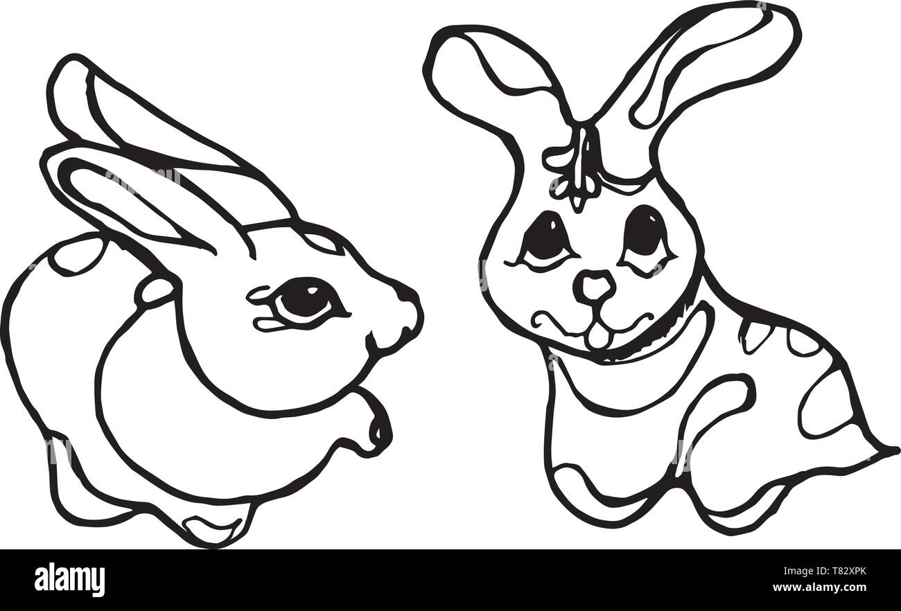 Black-white illustration of two rabbits in love. Chinese rabbits ...