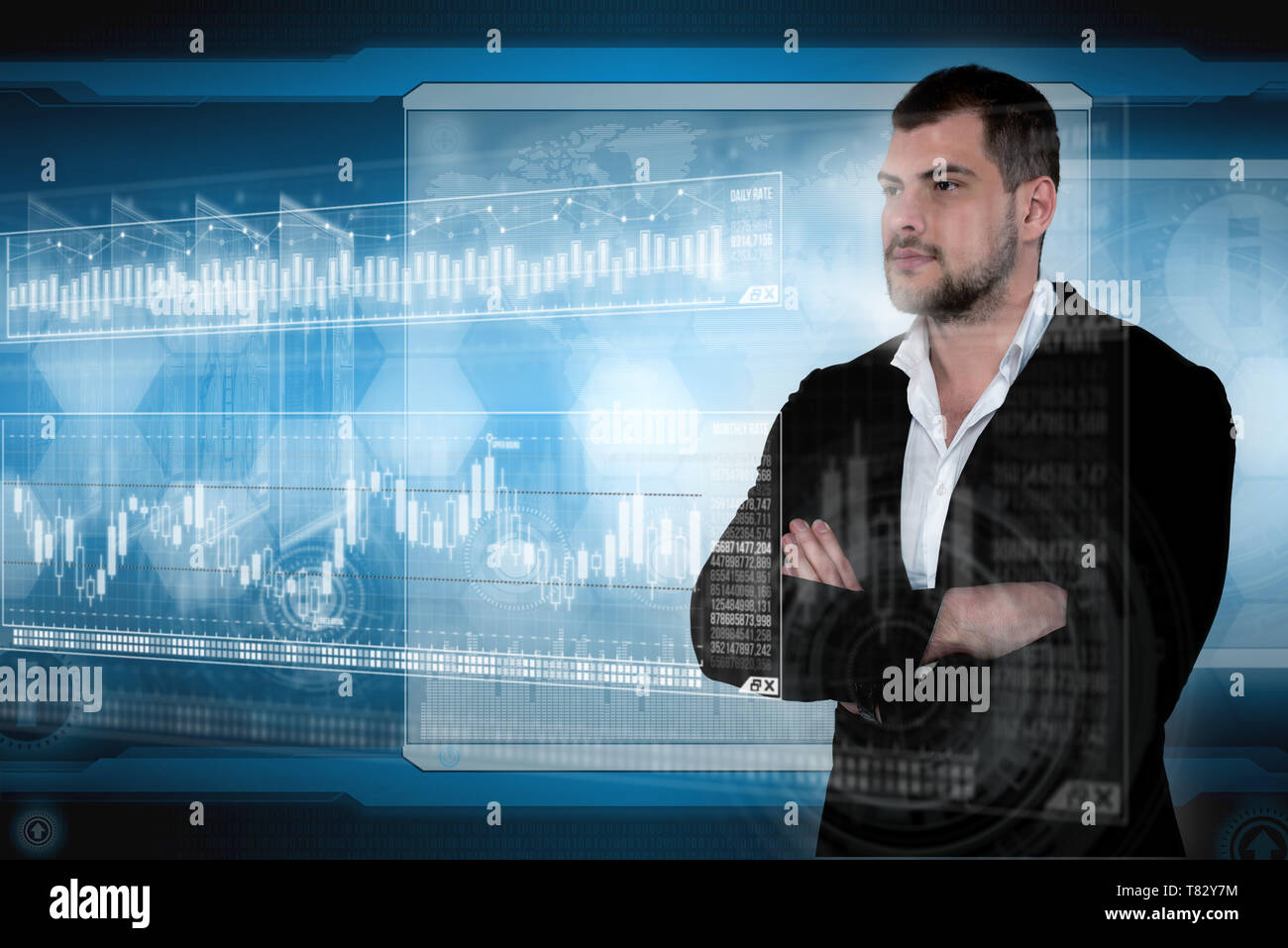 Business man in futuristic office. Global corporate concept Stock Photo ...