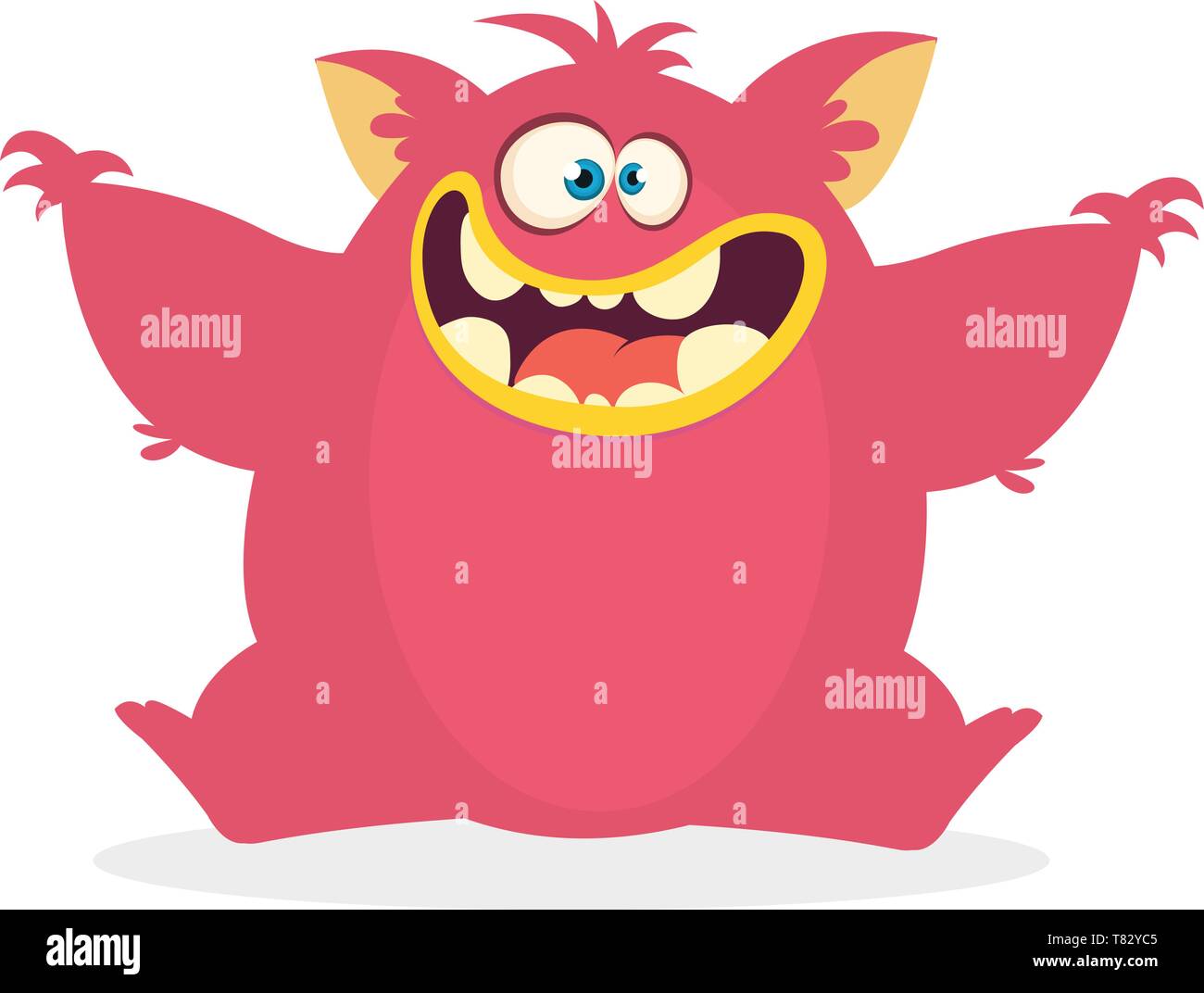 Cute cartoon monster waving hands. Vector illustration of pink fat ...