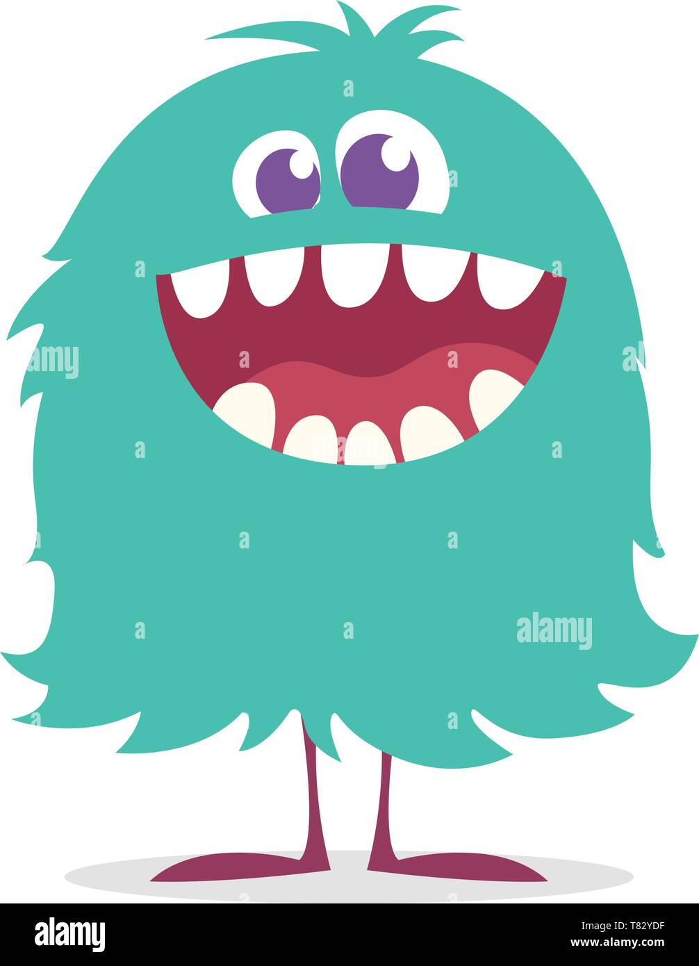 Cute cartoon monster smiling. Vector illustration of blue hairy monster ...