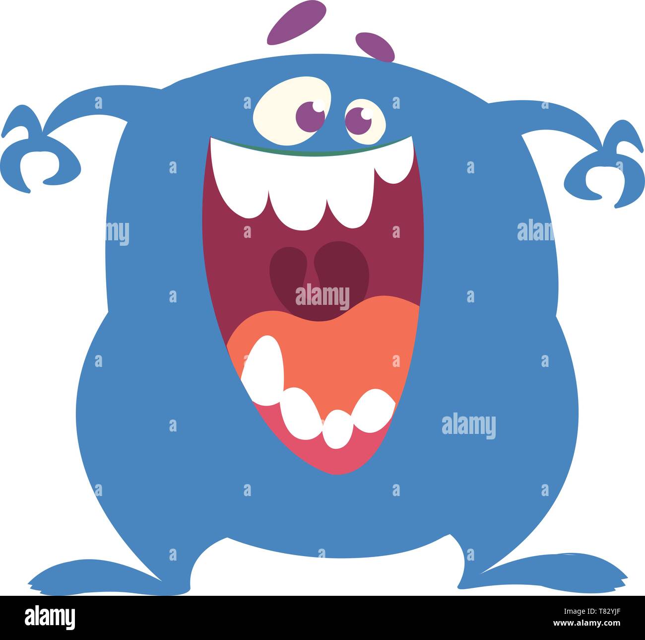 Angry cartoon monster with a big smile. Vector Halloween blue monster ...
