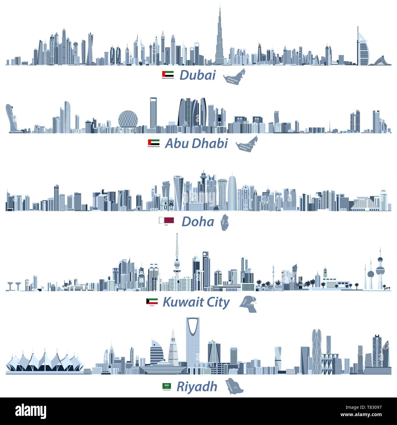 vector illustrations of Dubai, Abu Dhabi, Doha and Kuwait city skylines ...