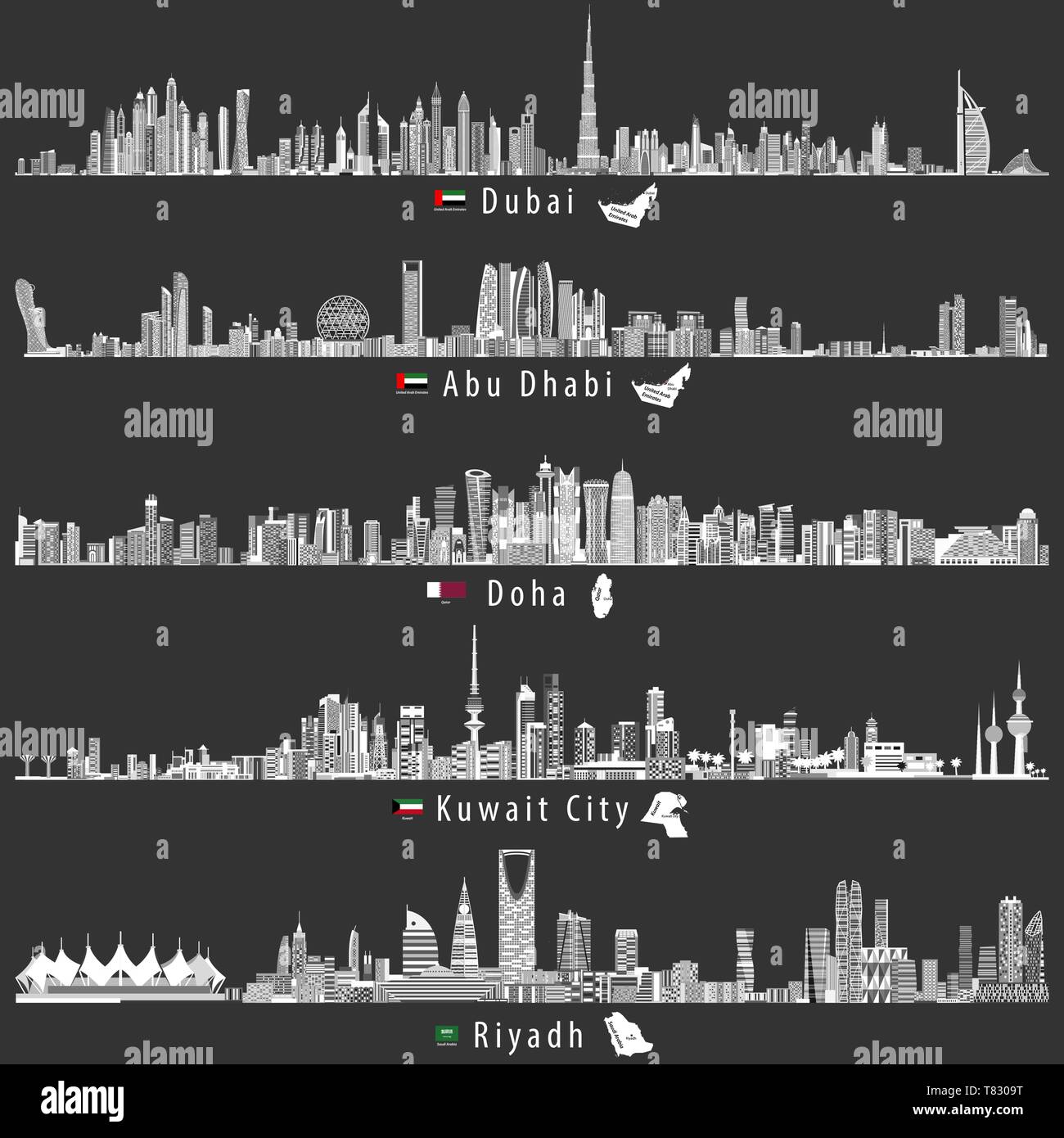 vector illustrations of Dubai, Abu Dhabi, Doha and Kuwait city skylines ...