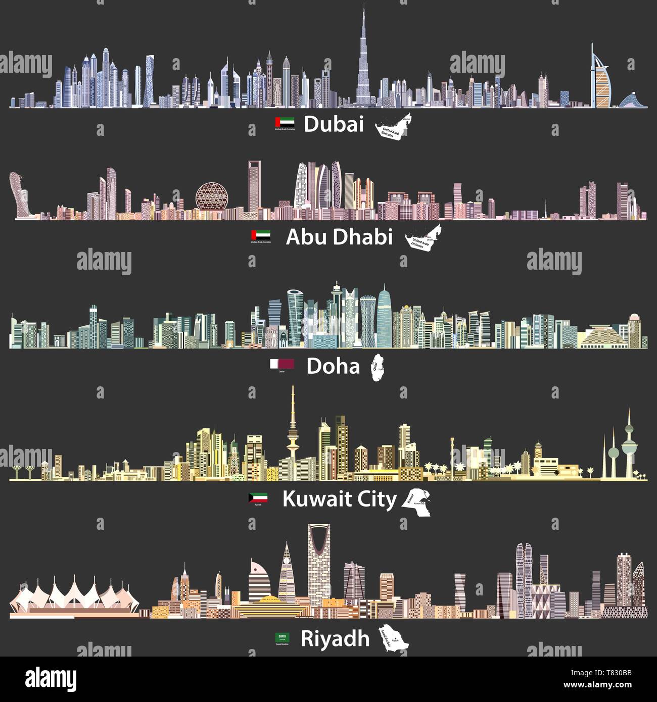vector illustrations of Dubai, Abu Dhabi, Doha and Kuwait city skylines ...