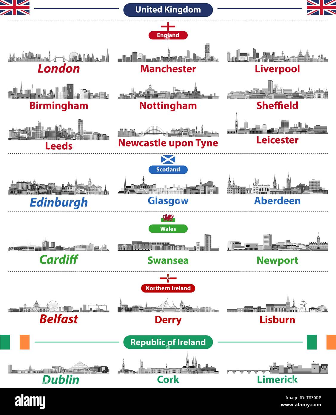 Largest cities skylines of British Isles countries Stock Vector Image ...