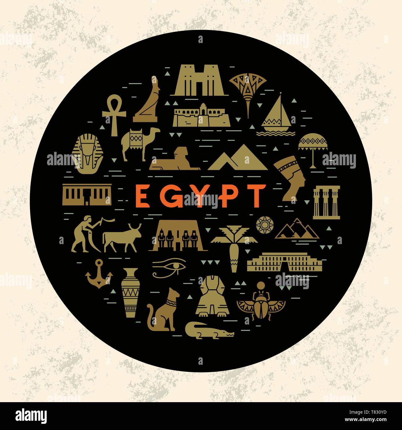 A round design concept template filled with icons on sights and symbols ...