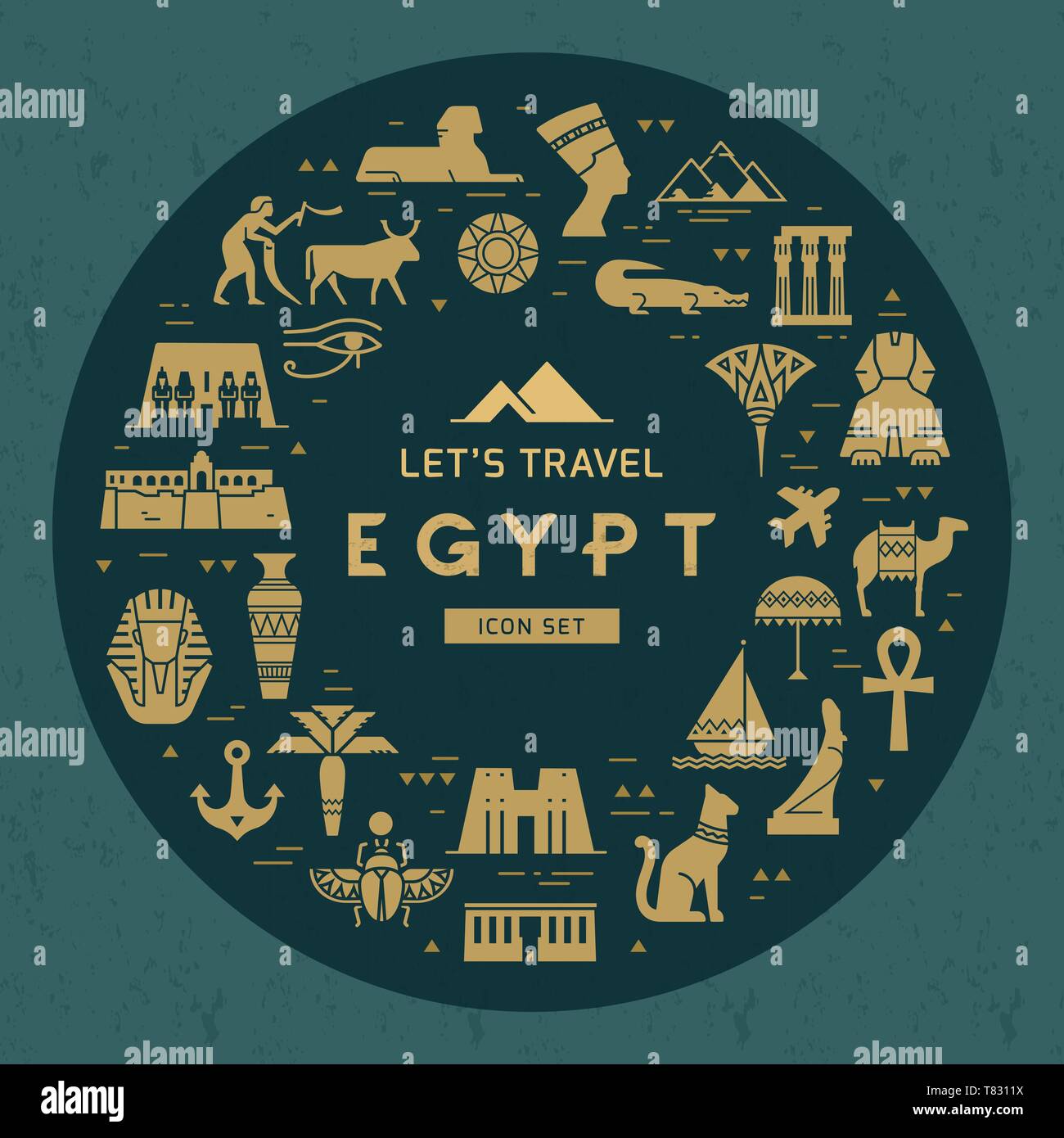 Circular design pattern of filled icons on the theme of sights and ...