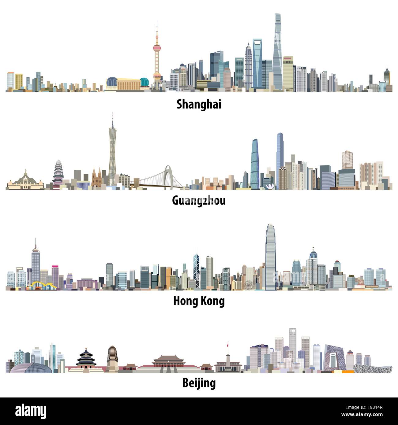 vector illustrations of Shanghai, Hong Kong, Guangzhou and Beijing ...
