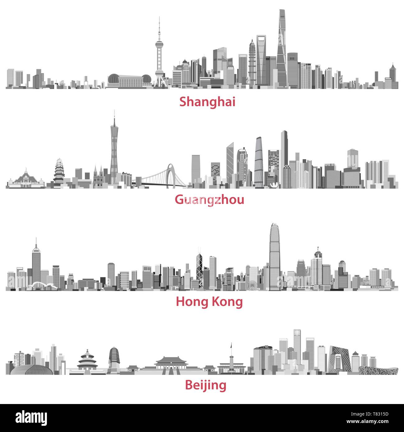 vector illustrations of Shanghai, Hong Kong, Guangzhou and Beijing ...