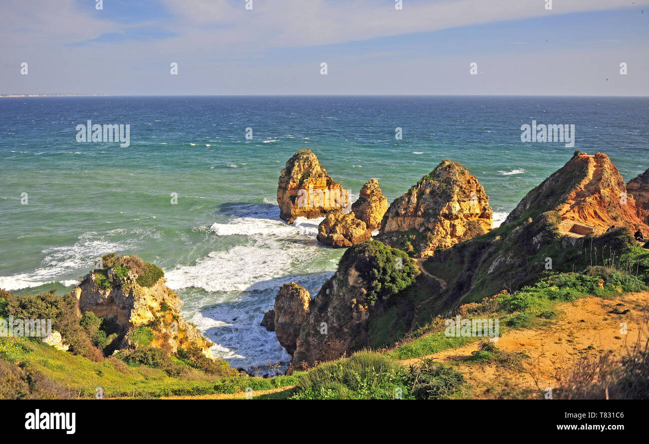 Natural landscape with cliffs over the ocean, Algarve, Portugal Stock ...
