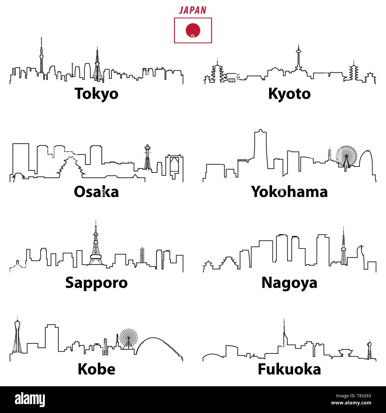 vector illustration of japanese cities skylines outlines Stock Vector ...