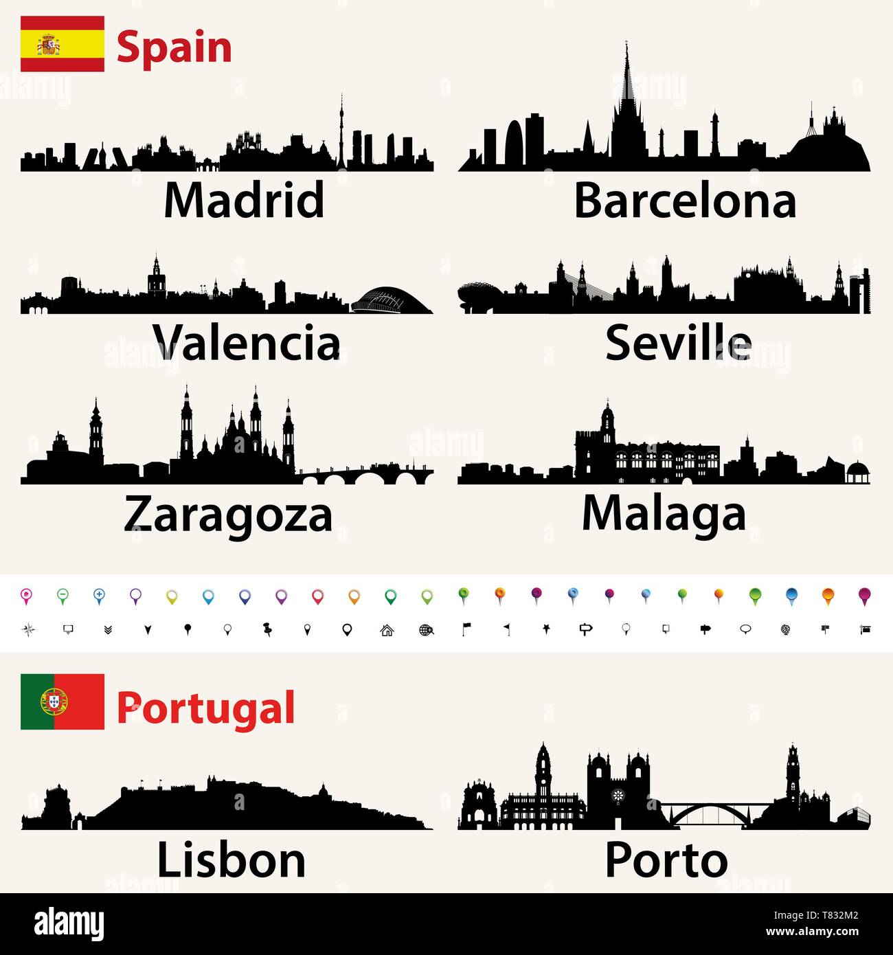 Spain and Portugal largest cities skylines silhouettes vector set Stock ...