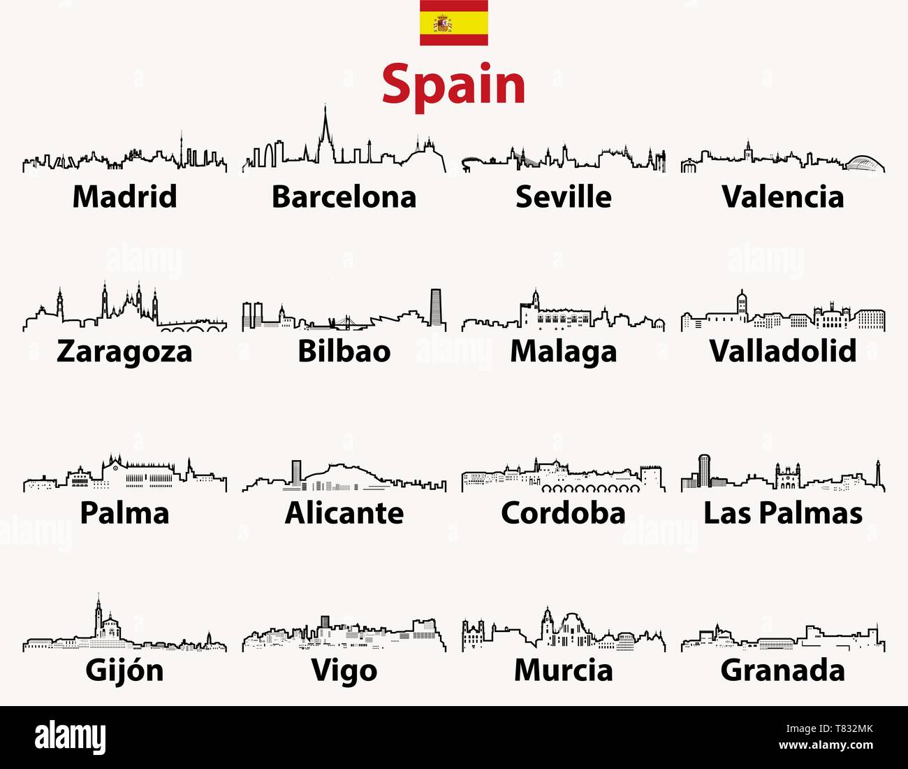 Spain largest cities skylines icons vector illustration Stock Vector ...