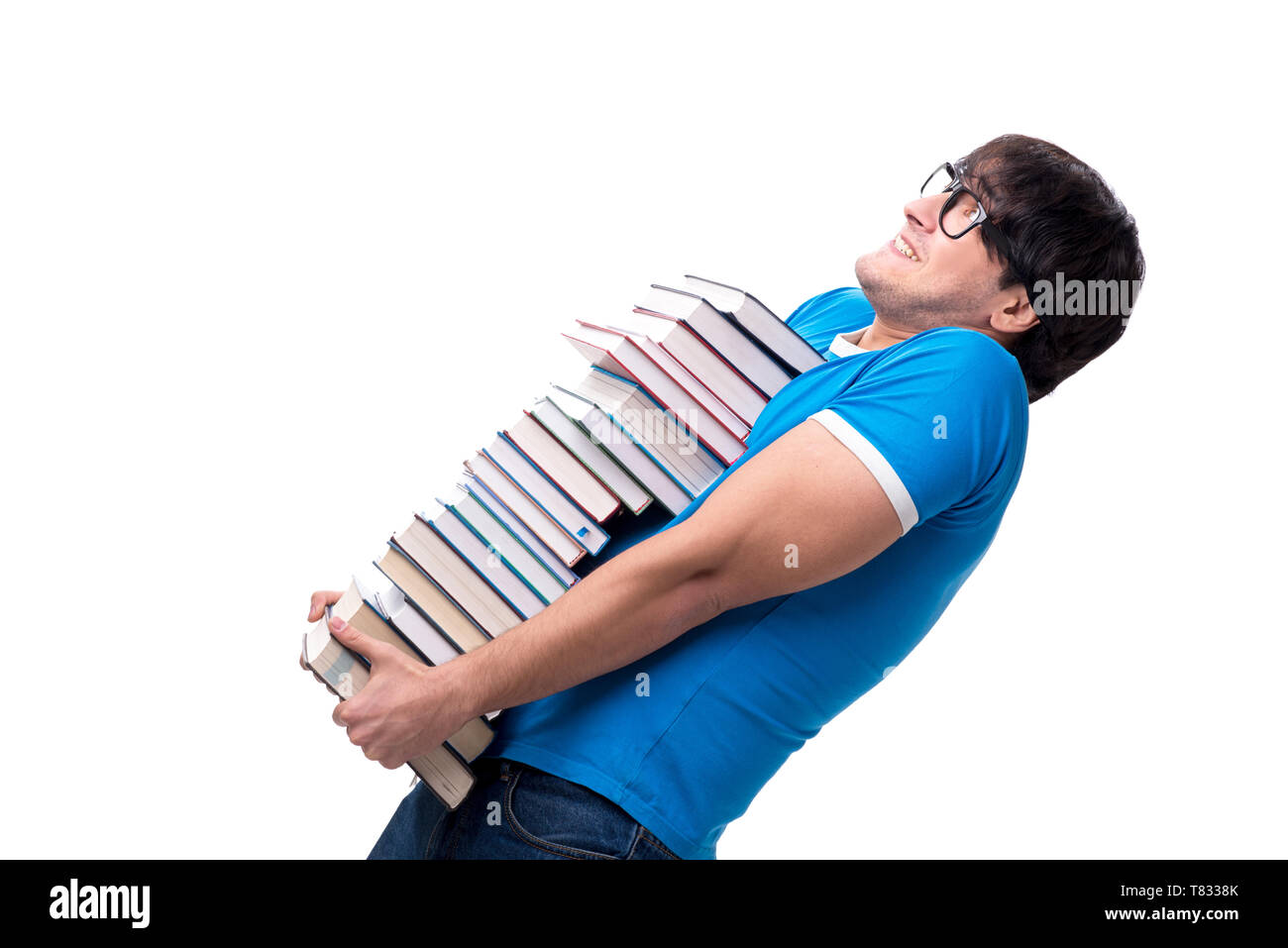 Male student with many books isolated on white Stock Photo - Alamy