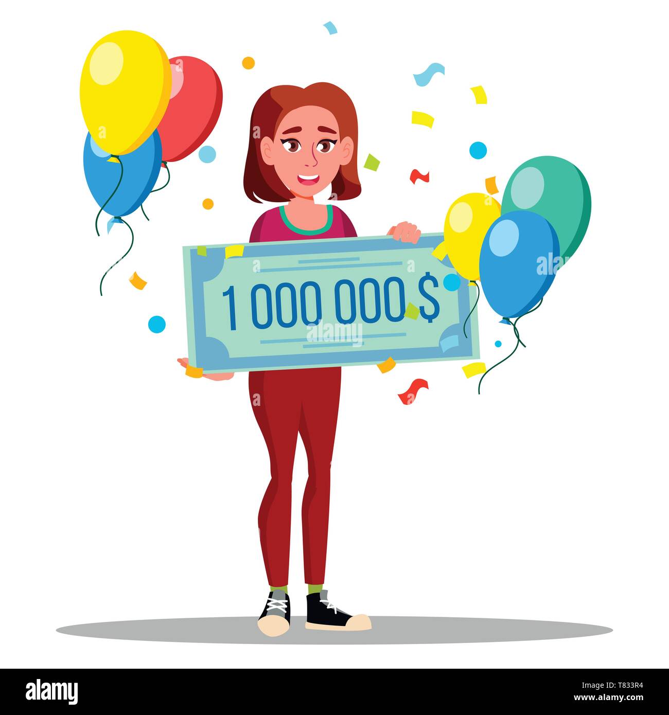 Character Happy Woman Holding Bank Check Vector. Lucky Female Won ...