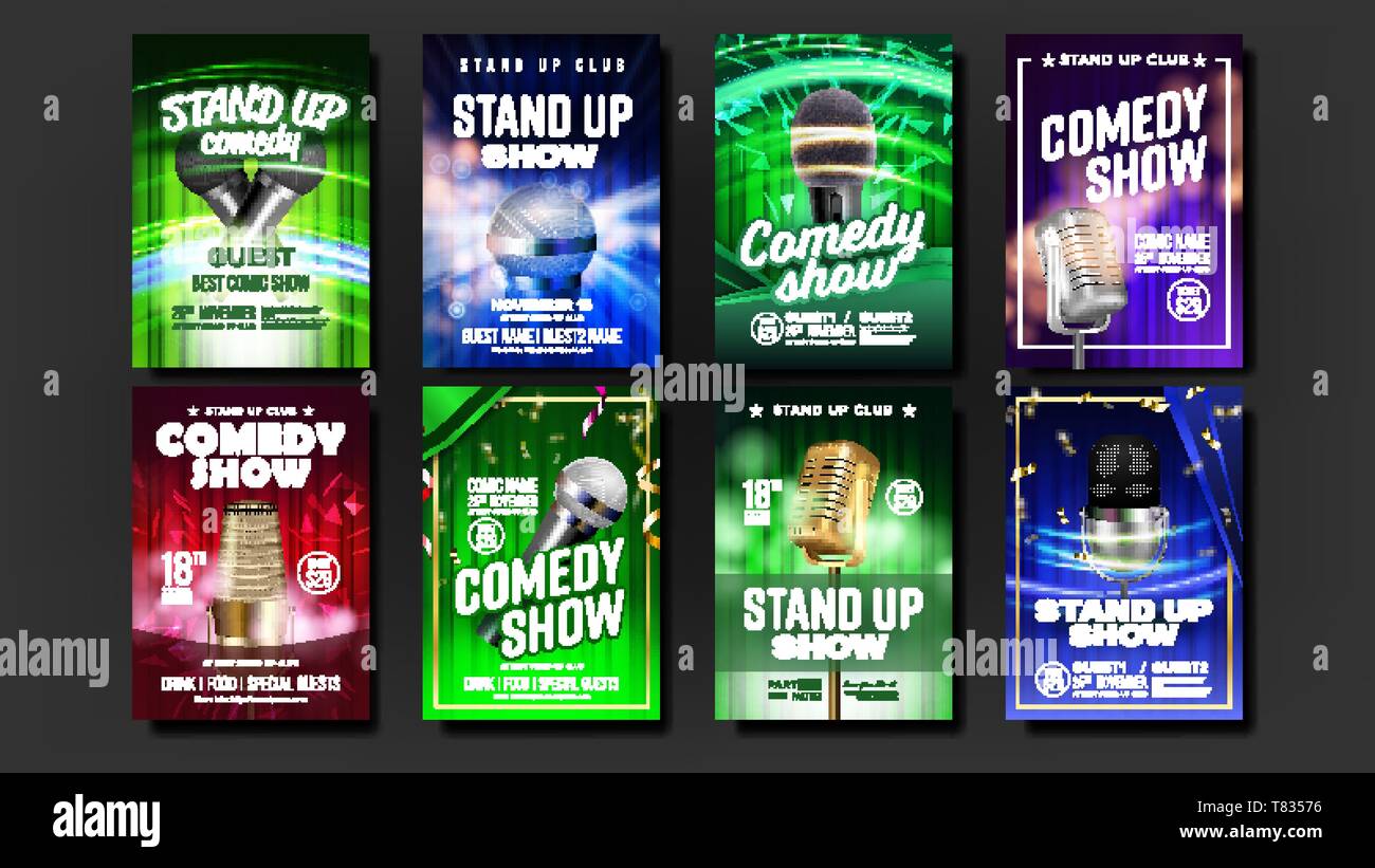 Colorful Collection Comedy Show Posters Set Vector. Microphones ...