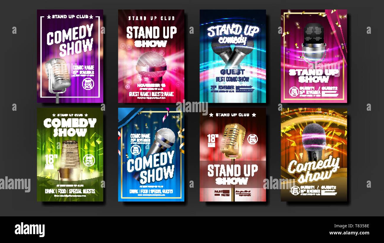 Collection Of Comedy Show Poster Cards Set Vector. Microphones, Bright ...