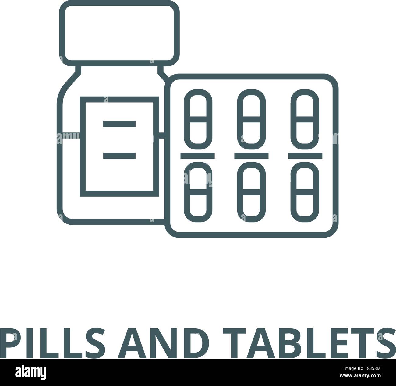 Pills and tablets and bottle vector line icon, linear concept, outline ...