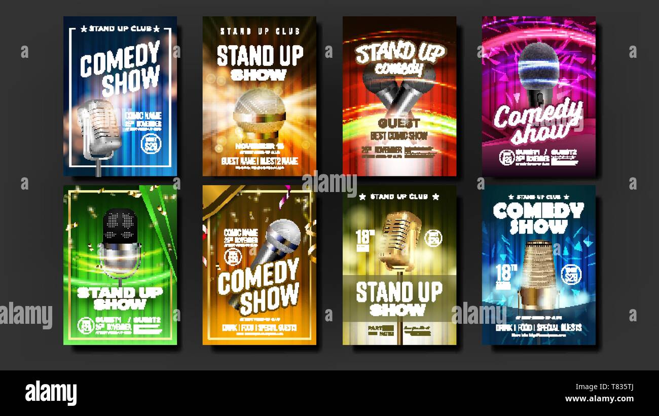 Promotional Poster Of Stand Up Show Set Vector. Microphones, Bright ...