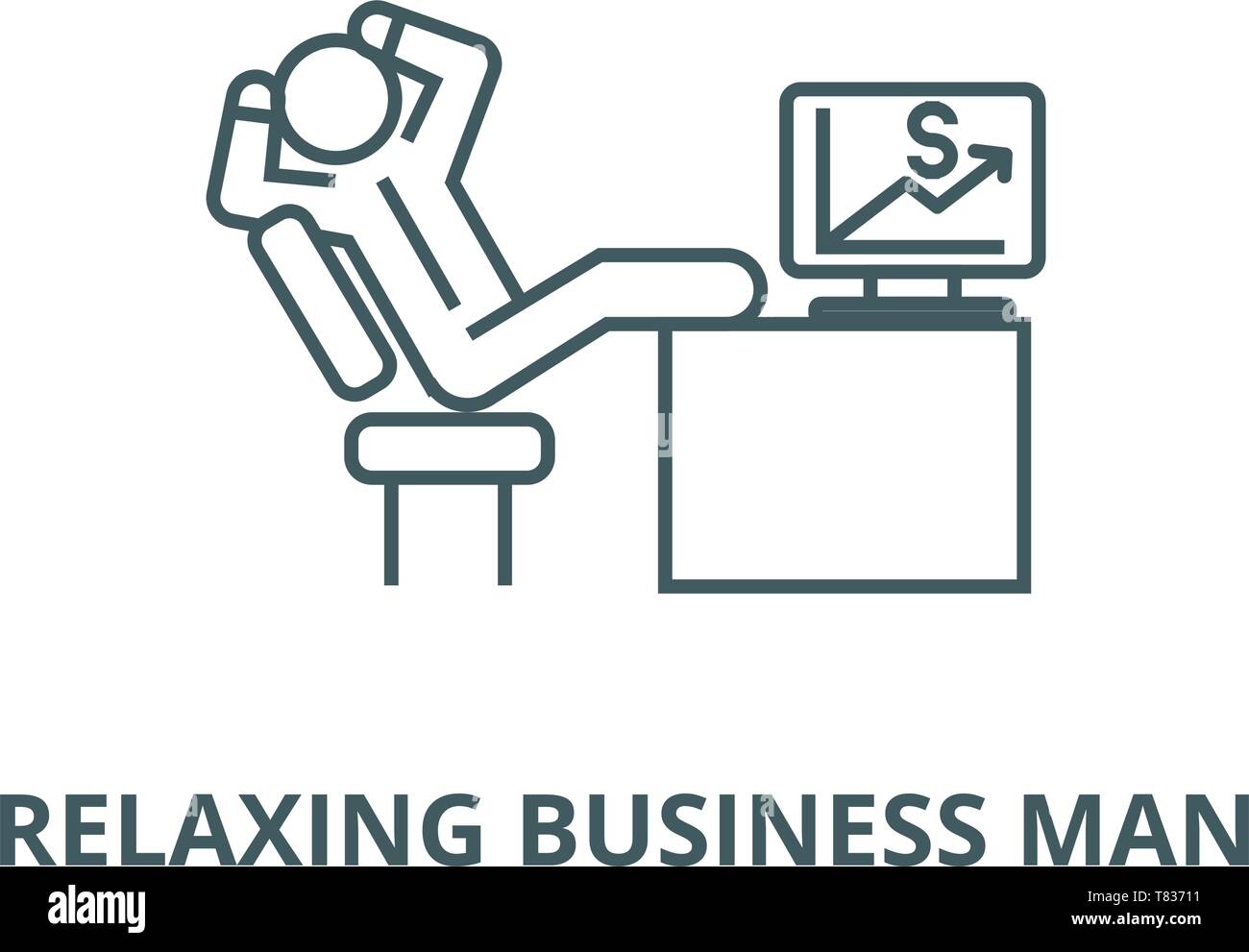 Relaxing business man sitting at desk vector line icon, linear concept ...