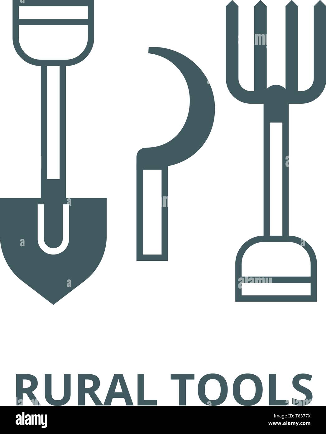 Rural tools,shovel, hayfork, reaping hook vector line icon, linear ...