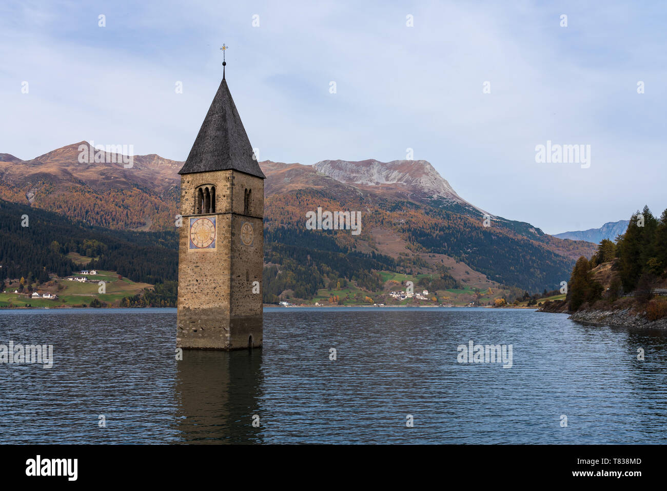 Church in the water at Lake Reschen in Tyrol in north Italy Stock Photo ...