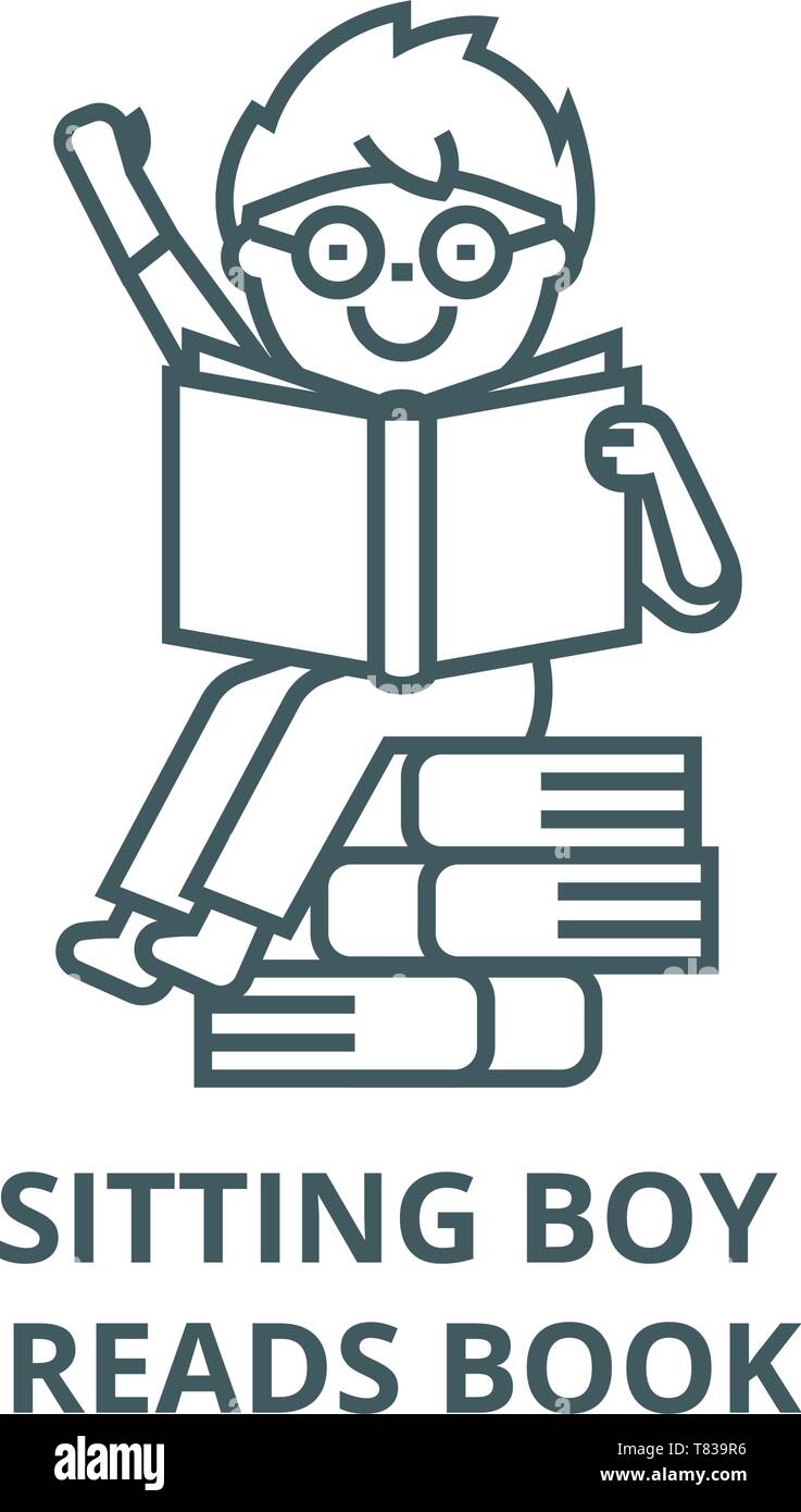 Sitting boy reads book vector line icon, linear concept, outline sign ...