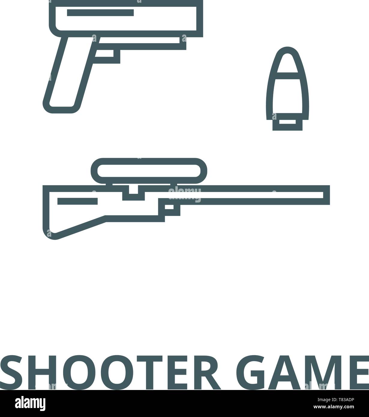Shooter game, gun, rifle, bullet vector line icon, linear concept ...