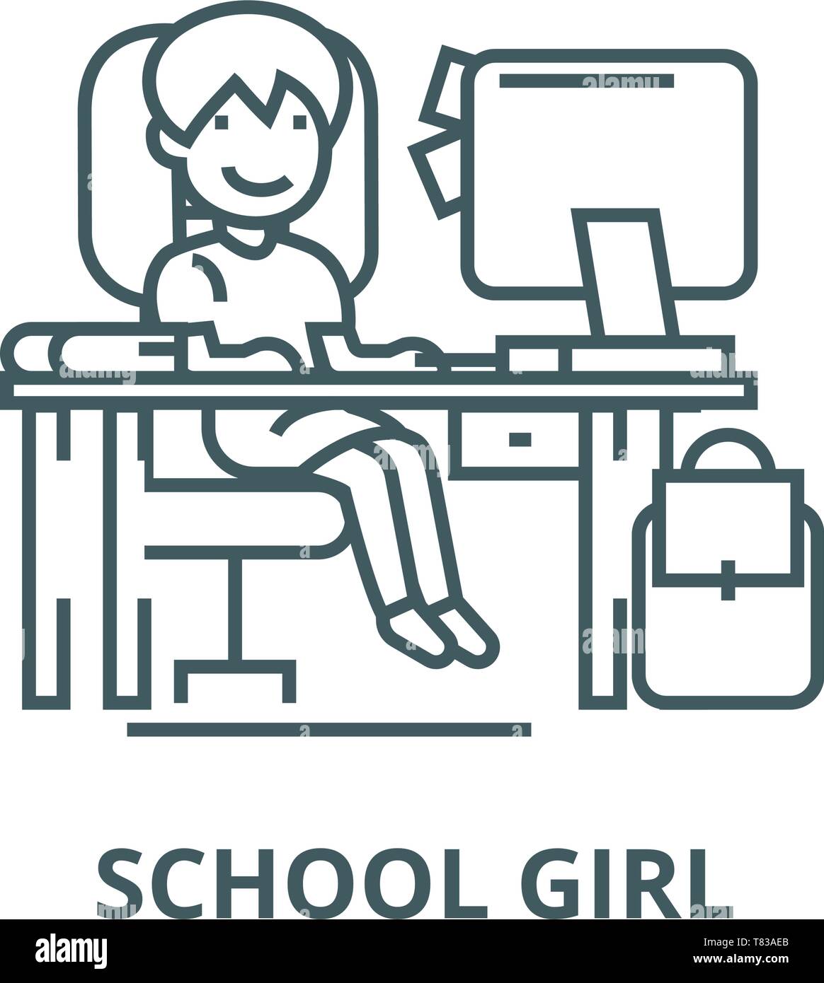 School girl on the table with computer, vector line icon, linear ...