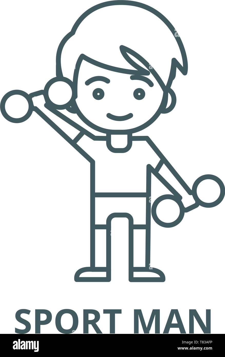 Sport man,boy with weights,kid workout vector line icon, linear concept ...