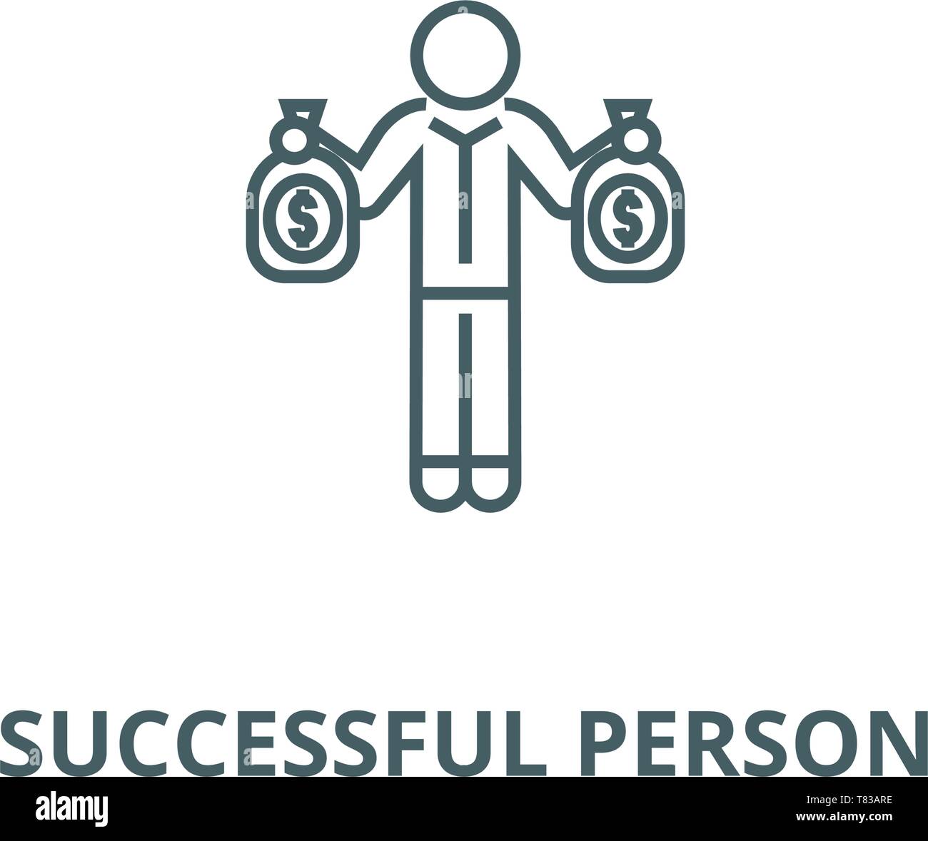 Successful person with money bags vector line icon, linear concept ...