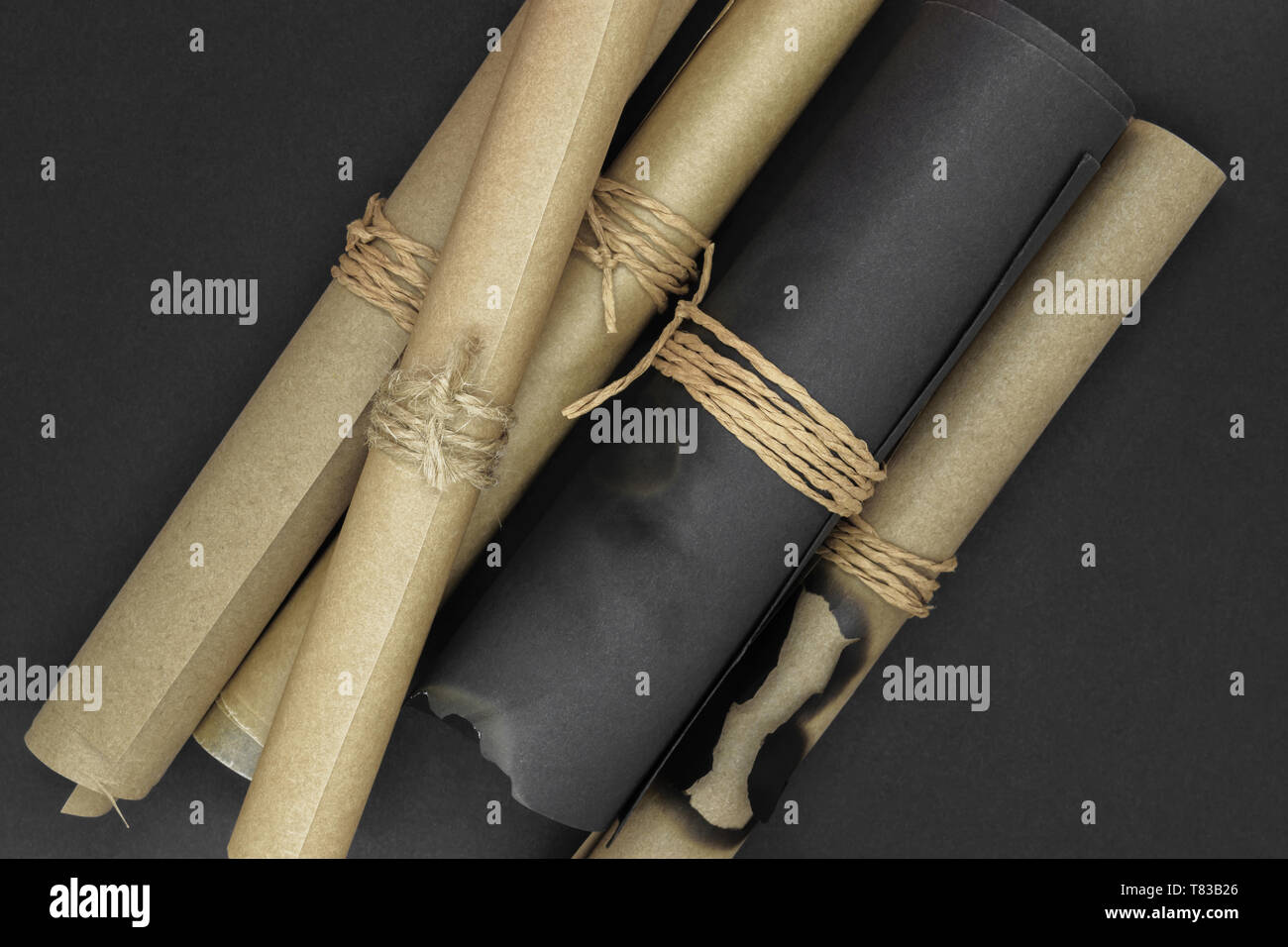 Top view of bunch of various twisted and burned beige and black craft ...