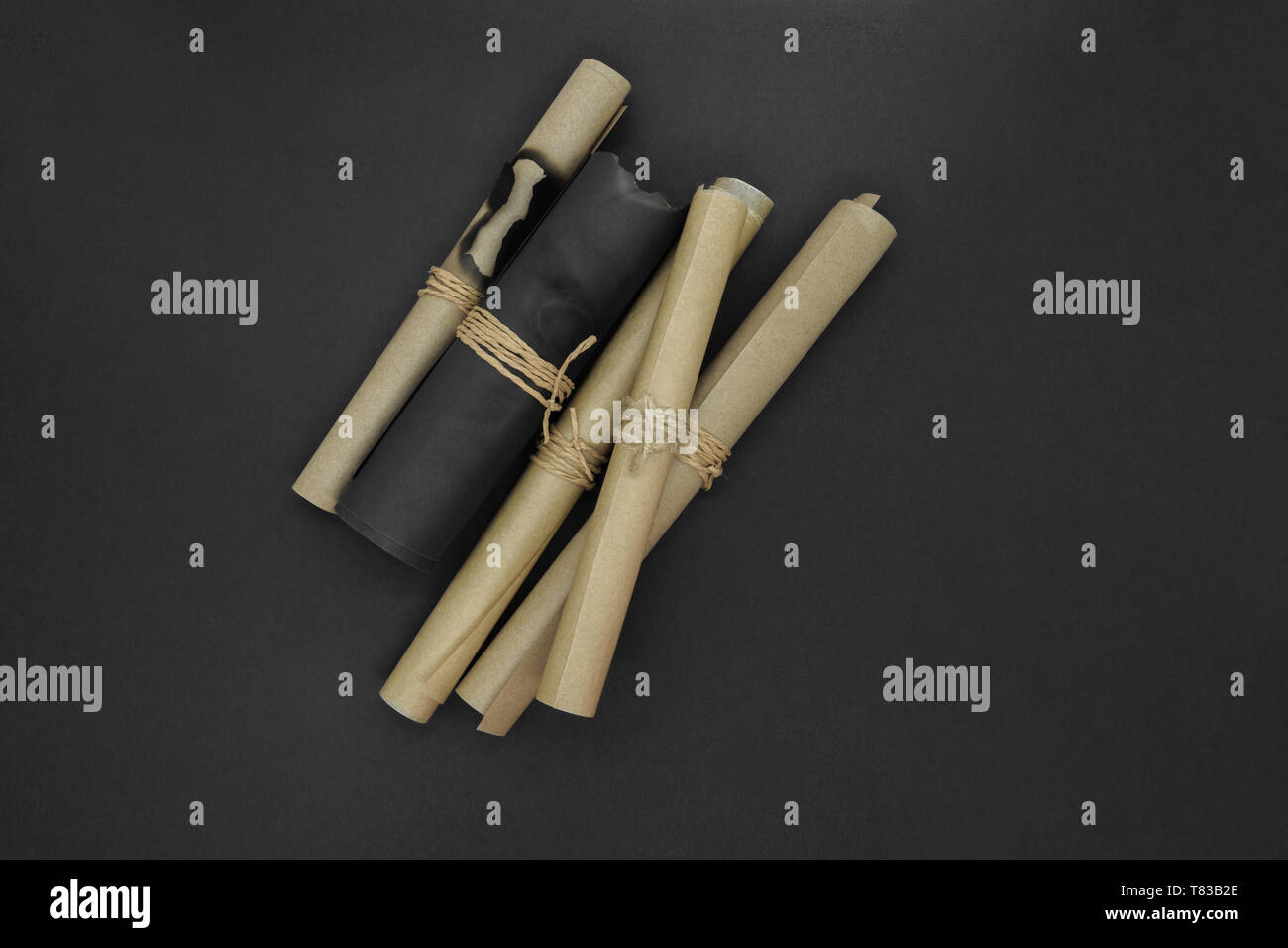 Top view of bunch of various twisted and burned beige and black craft ...