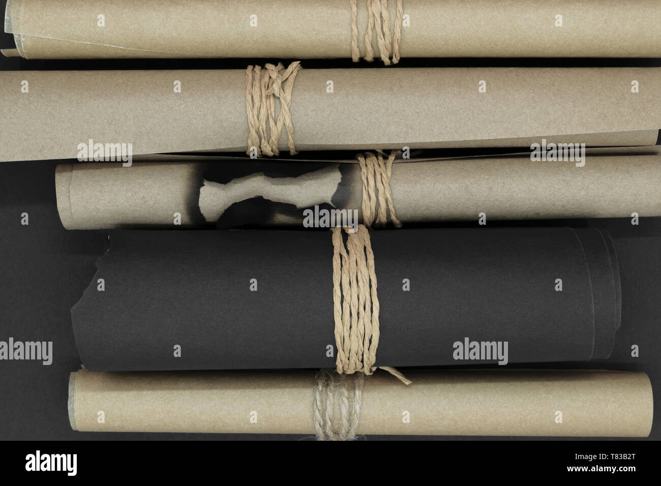 Top view of bunch of various twisted and burned beige and black craft ...