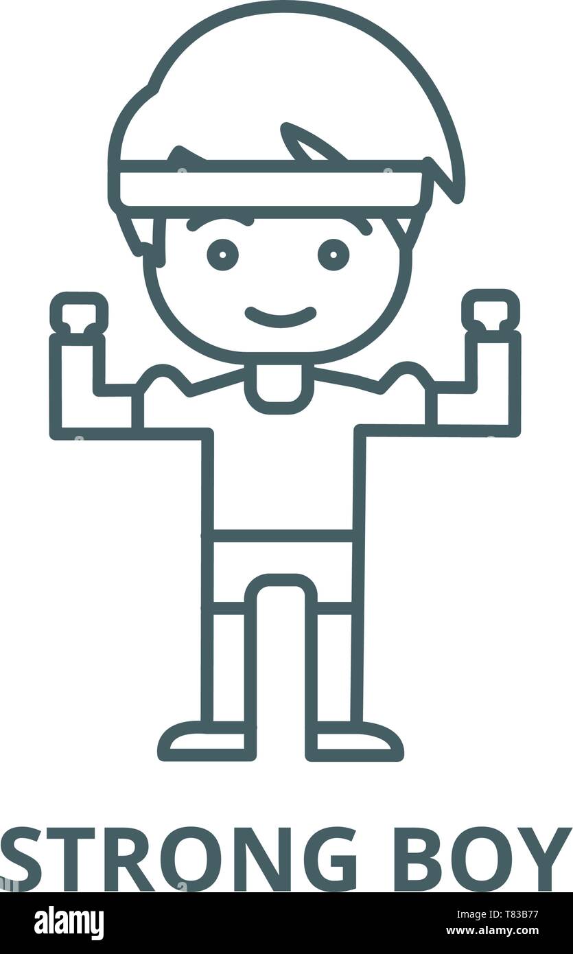 Strong boy, hands up vector line icon, linear concept, outline sign ...