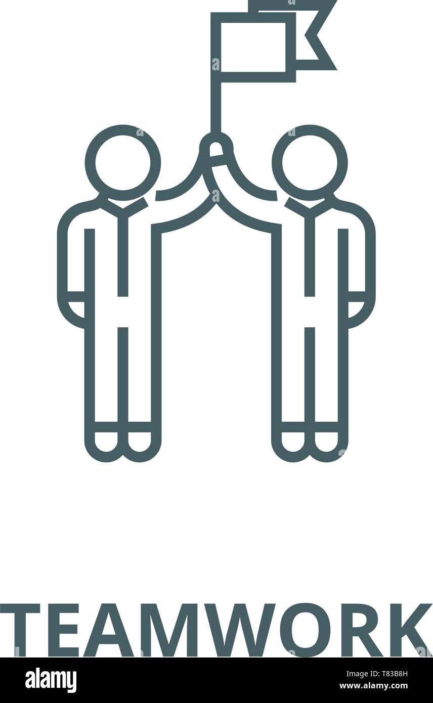 Teamwork,mission,goal,men with flag vector line icon, linear concept ...