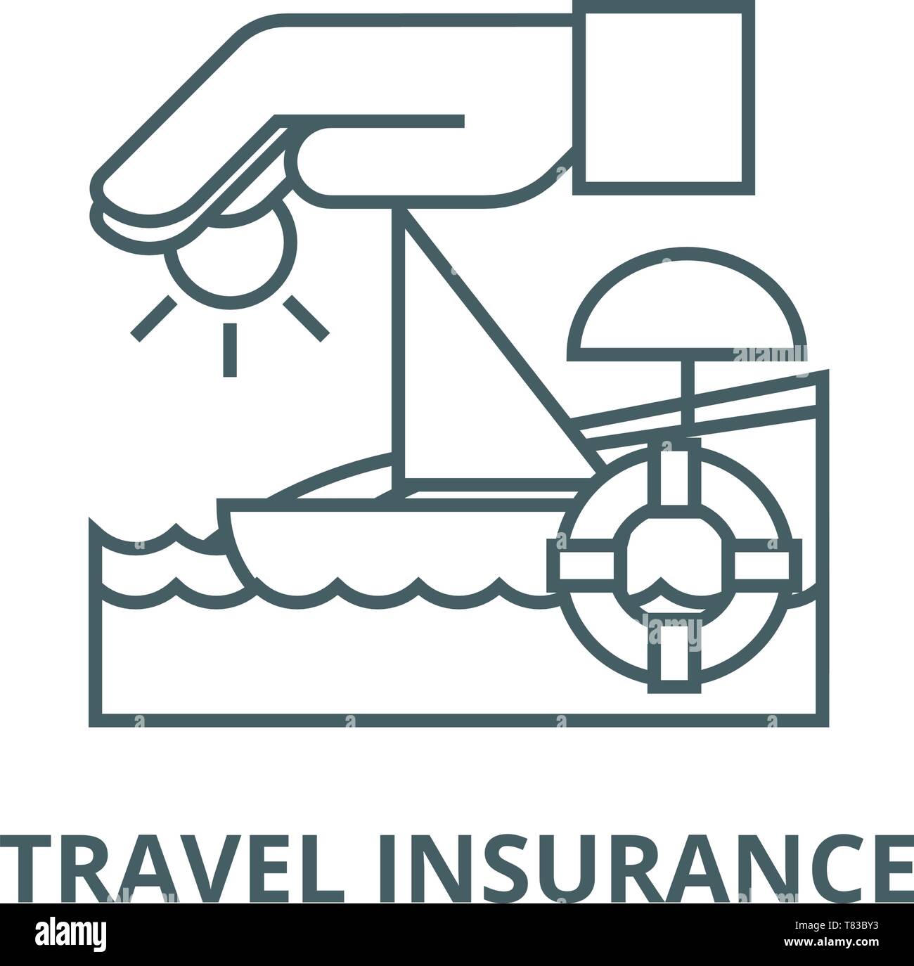 Travel insurance,boat,sun,sand,lifebuoy vector line icon, linear ...
