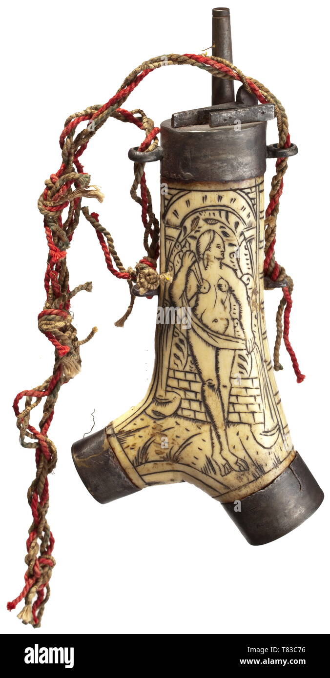 A German antlers powder flask, circa 1600 The body with engraved ...