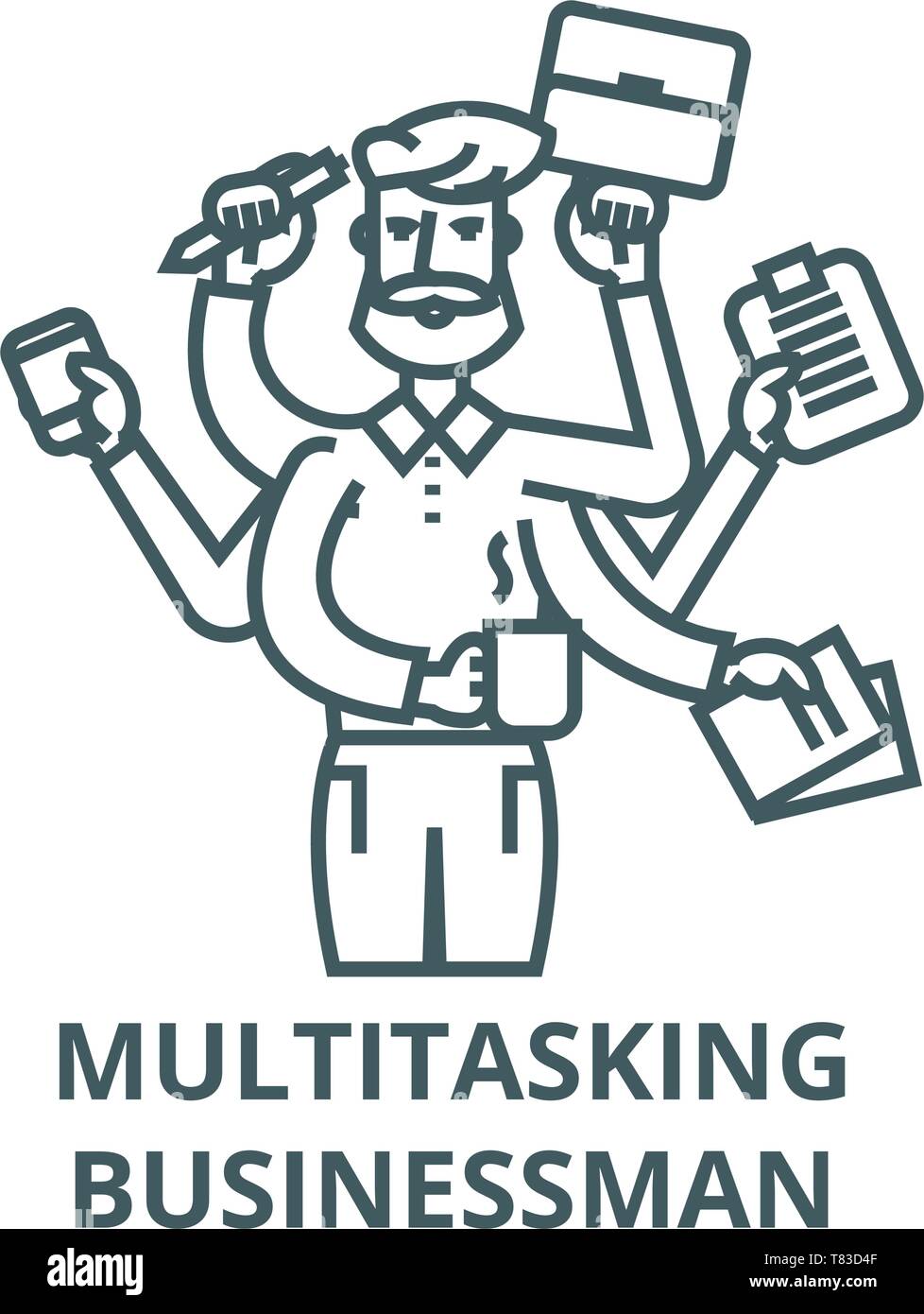 Multitasking businessman with case, vector line icon, linear concept ...