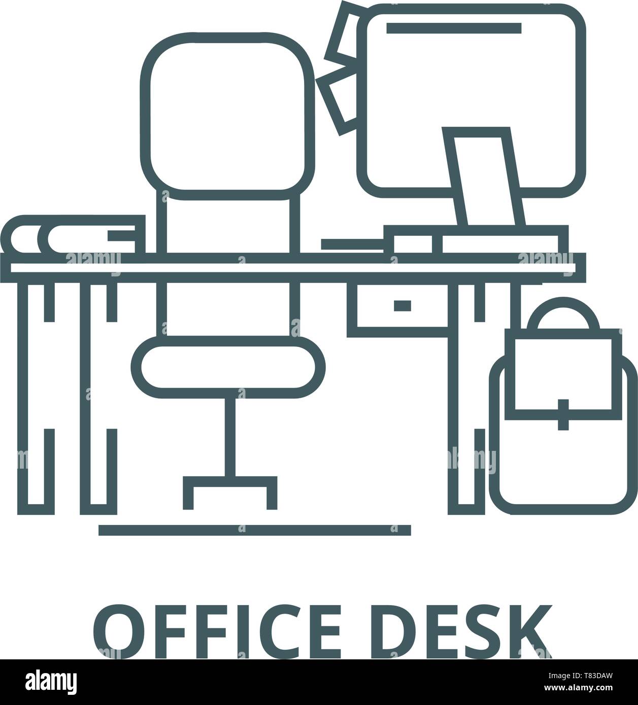 Office desk with computer and chair vector line icon, linear concept ...