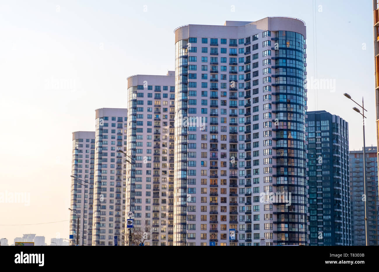 Kyiv, Ukraine - April 06, 2019: New buildings on Poznyaki residential ...