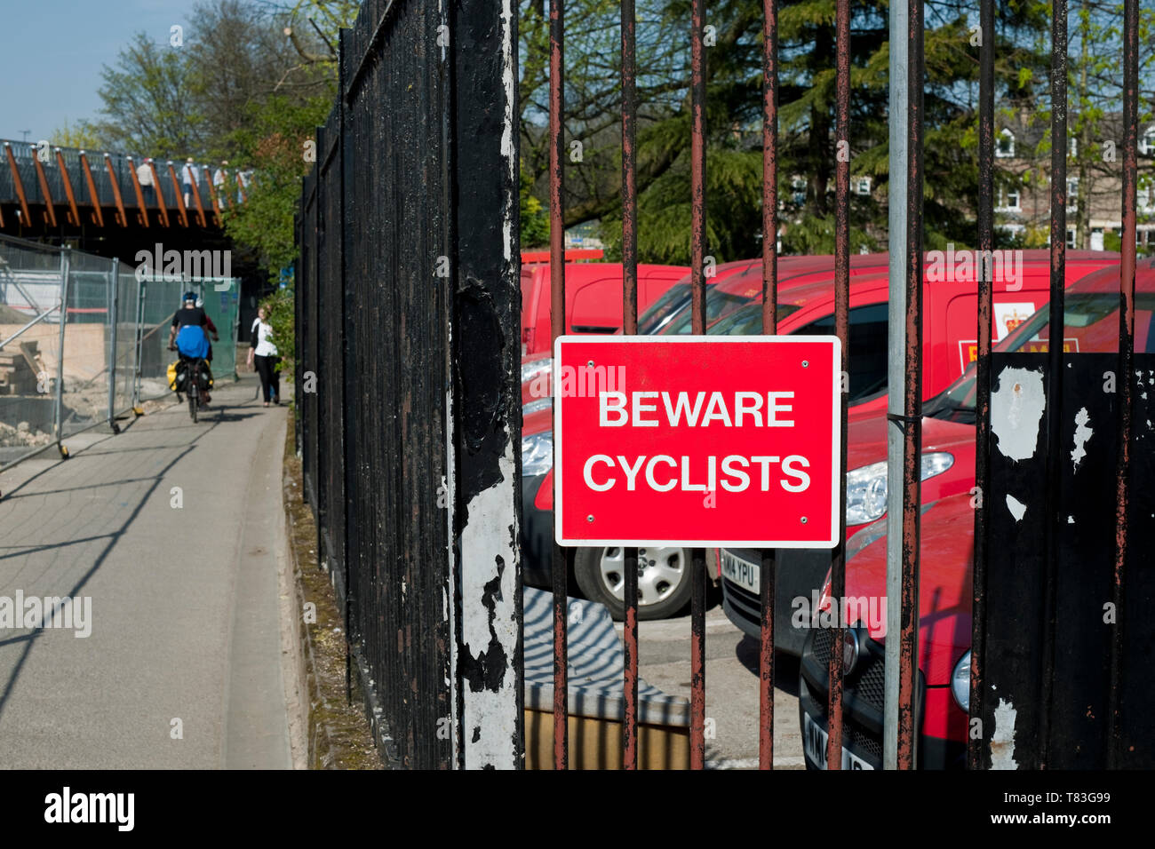 Red beware cyclists traffic warning sign York North Yorkshire England ...