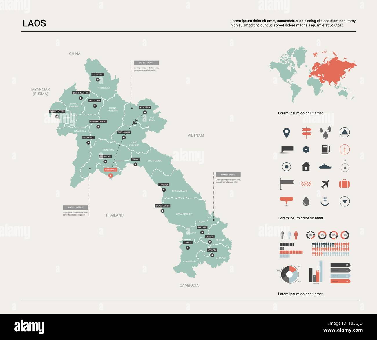 Vector map of Laos. High detailed country map with division, cities and ...