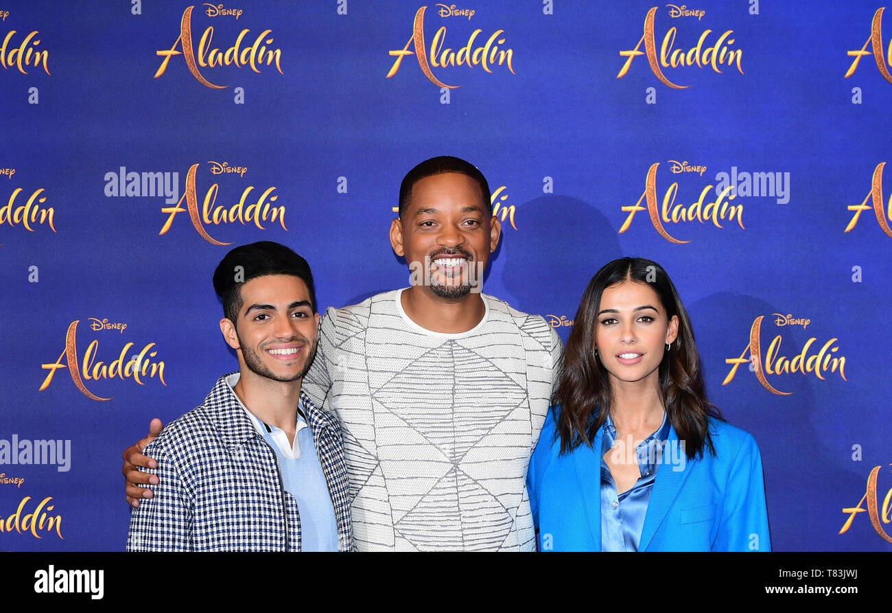 Mena Massoud, Will Smith and Naomi Scott attending a photocall for Aladdin, held at the Rosewood ...