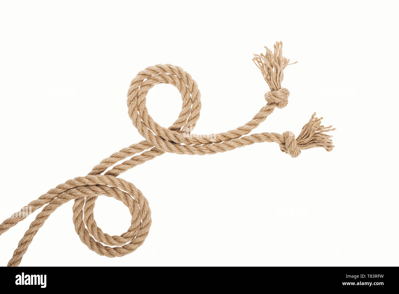 curled brown and jute ropes with knots isolated on white Stock Photo ...