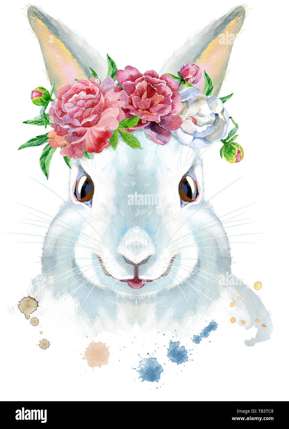Cute white rabbit with flowers on white background Stock Photo - Alamy